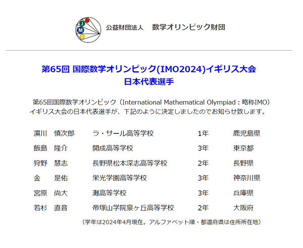 第65回国際数学オリンピック日本代表、高校生6人が決定 2枚目の写真・画像 | リセマム